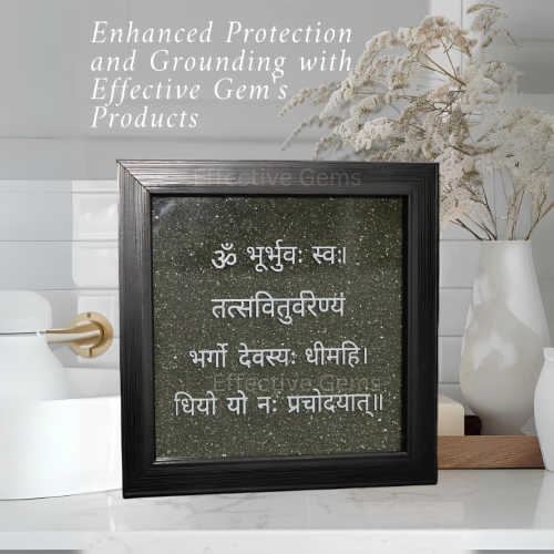 GAYATRI MANTRA PYRITE DUST PLATE WITH WOODEN FRAME | Effective Gems